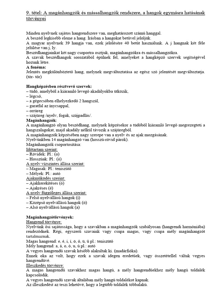 Tétel A Magánhangzók És Mássalhangzók Rendszere, A Hangok Egymásra ...