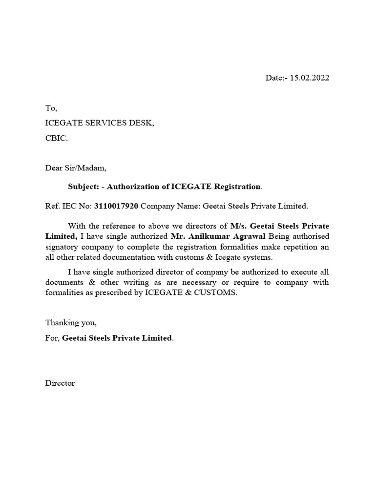 Icegate Registration - Authorization Letter | PDF | Business ...