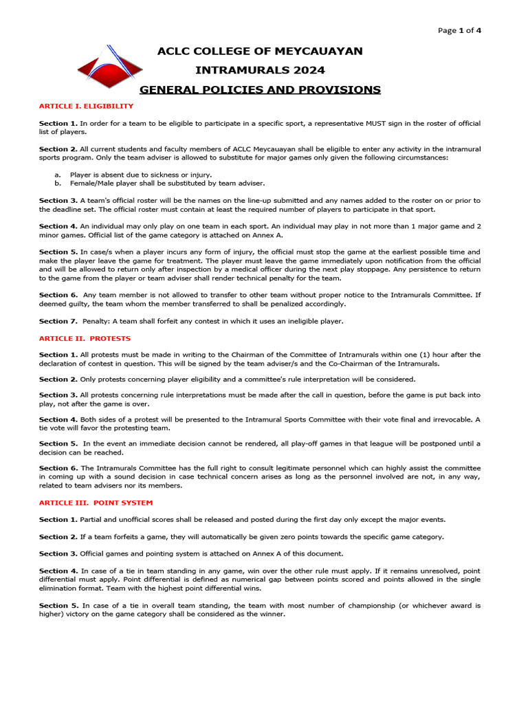 ACLC Intramurals 2024 Rules and Regulation | PDF | Sports Rules And ...