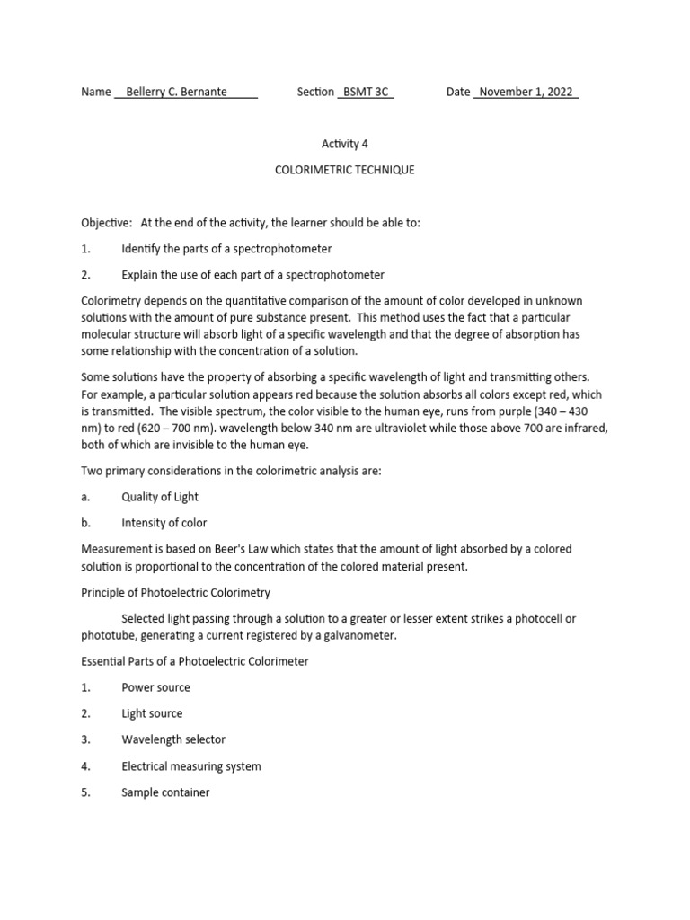 Activity - Colorimetric | PDF | Analytical Chemistry | Spectrophotometry