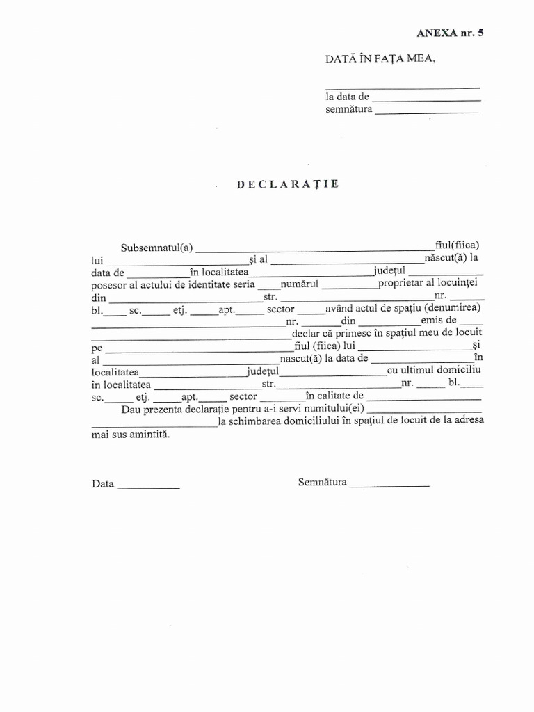 Anexa 5 Declaratie de Primire in Spatiu | PDF