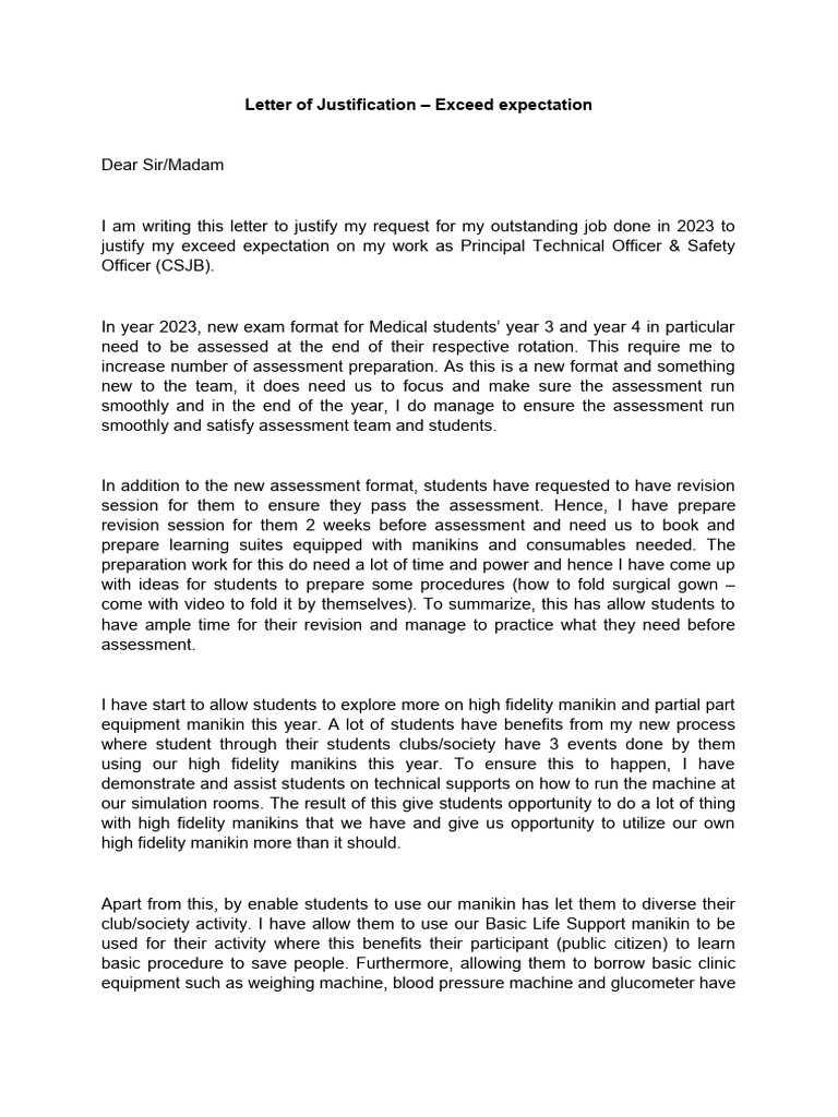 Justification for Exceeding Job Expectations | PDF