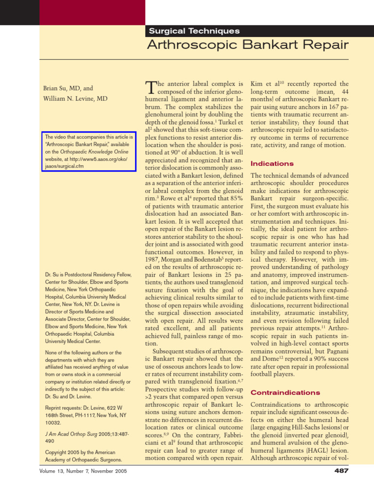 Arthroscopic Bankart Repair (Surgical Techniques) | PDF | Musculoskeletal System | Joints