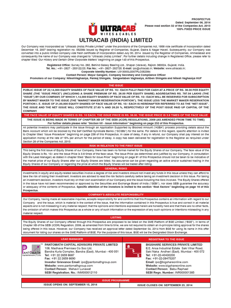 Ultracab India Limited Draft Prospectus Secured | PDF | Securities Act ...