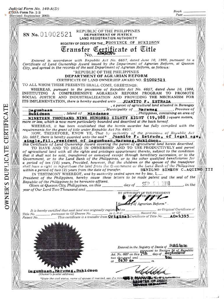 Certificate of Title Juanito Estrada | PDF