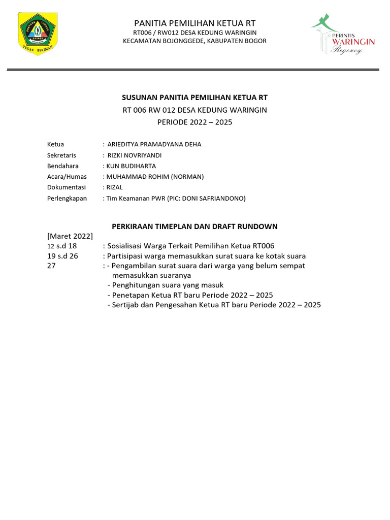 Susunan Panitia Pemilihan Ketua RT | PDF Susunan Panitia Pemilihan Ketua RT | PDF