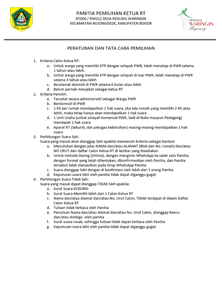 PERATURAN DAN TATA CARA PEMILIHAN Ketua RT | PDF