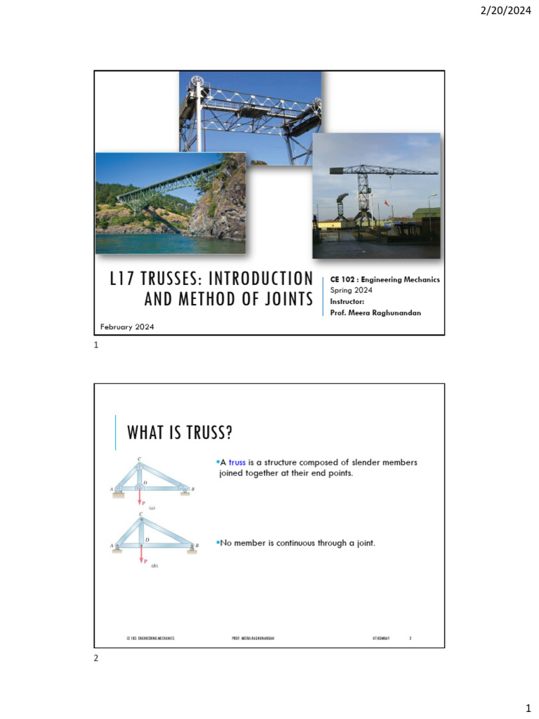 Lecture 17 Truss Introduction and Method of Joints | PDF | Truss | Physics