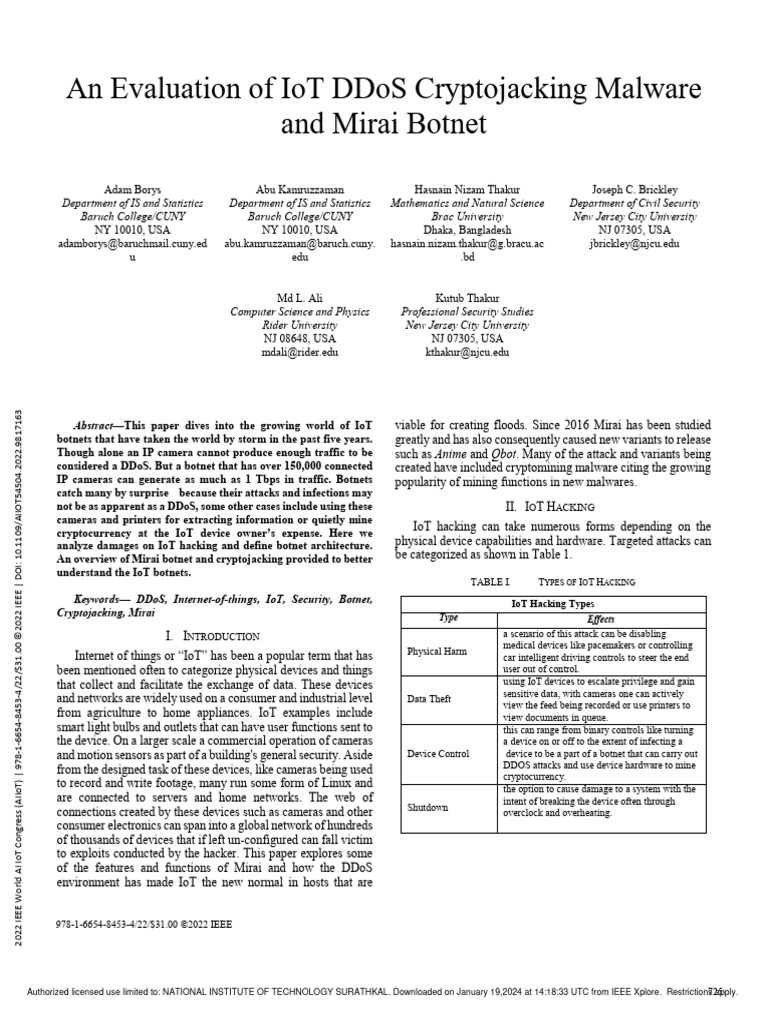 An Evaluation of IoT DDoS Cryptojacking Malware and Mirai Botnet | PDF ...