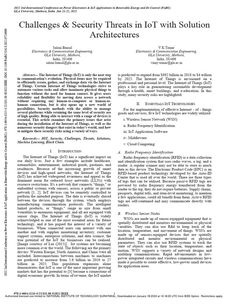 Challenges Amp Security Threats In Iot With Solution Architectures Pdf Internet Of Things