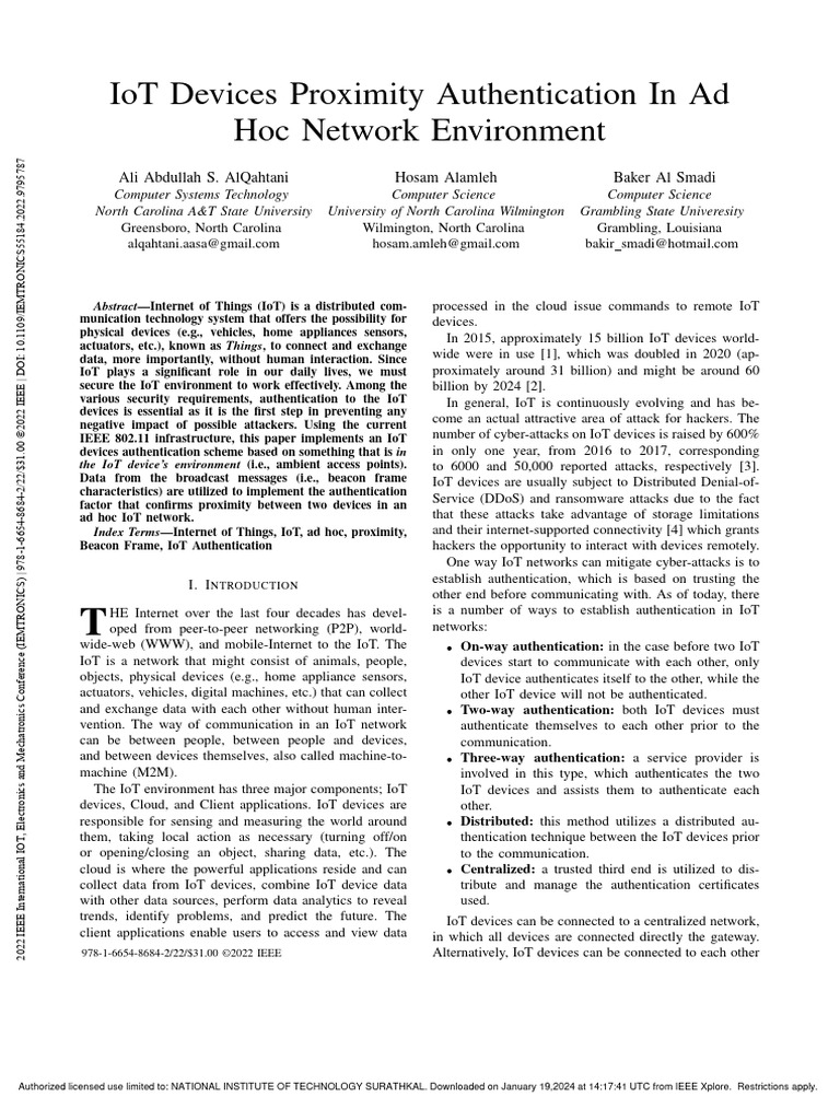 Iot Devices Proximity Authentication In Ad Hoc Network Environment Pdf Internet Of Things