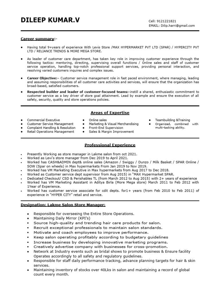 Dileep Kumar V Resume | PDF | Sales | Cash