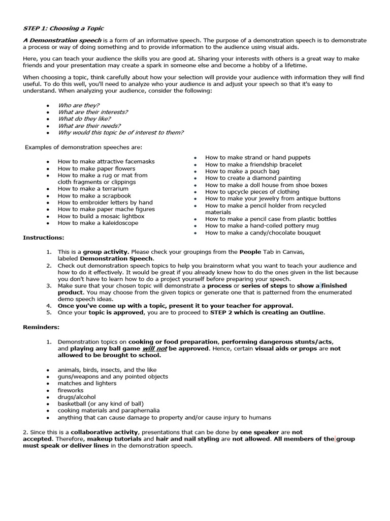 Demonstration Speech Activities | PDF | Communication | Parachuting
