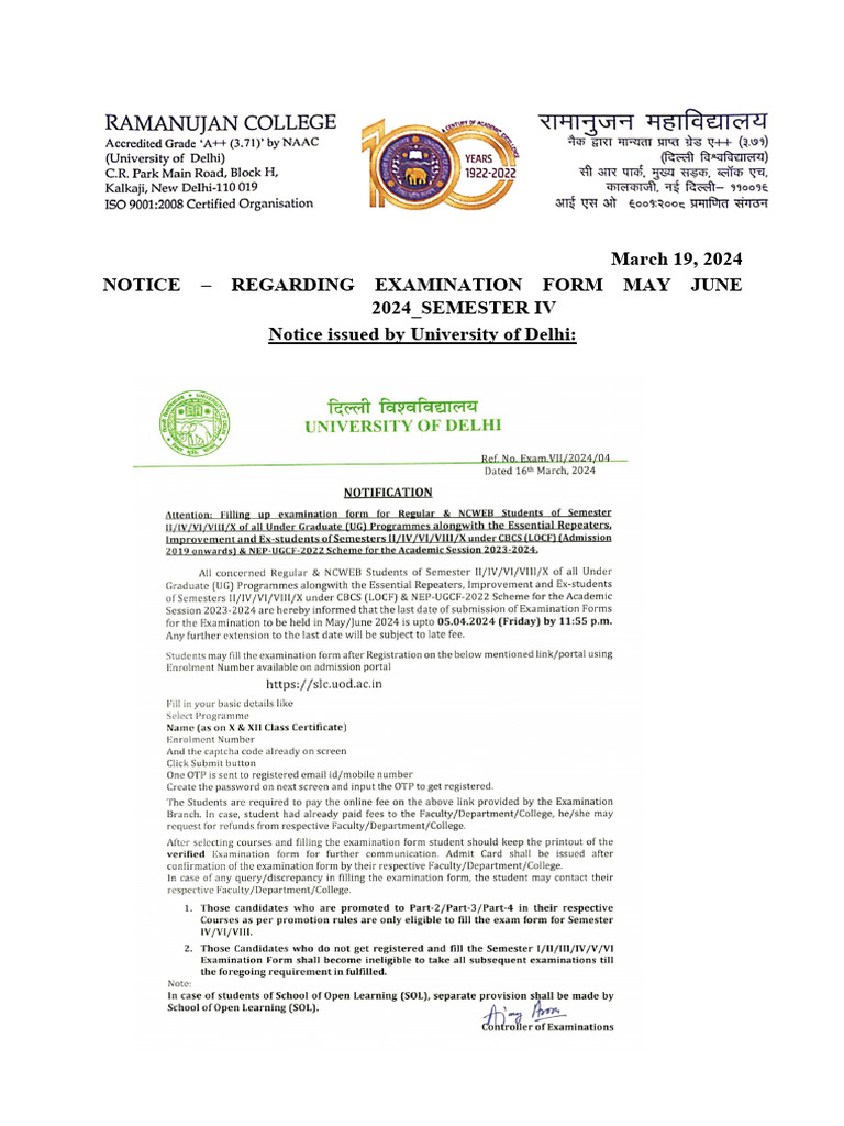 Delhi University Exam Form Notice 2024 | PDF | Science | Mathematics