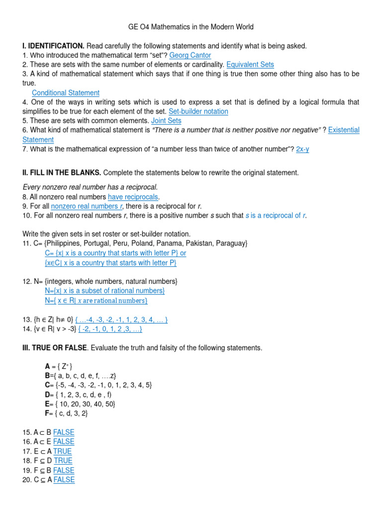 Long Quiz Answer Key | PDF | Set (Mathematics) | Real Number