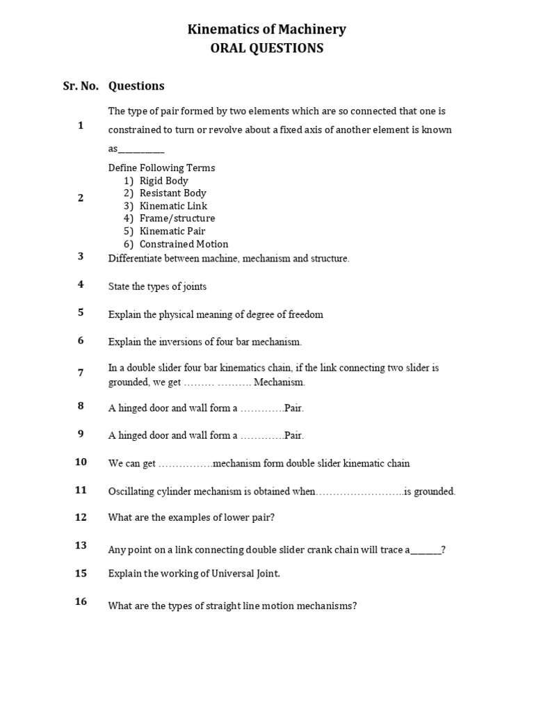 KOM Oral Practical Exam Question Bank | PDF | Kinematics | Gear