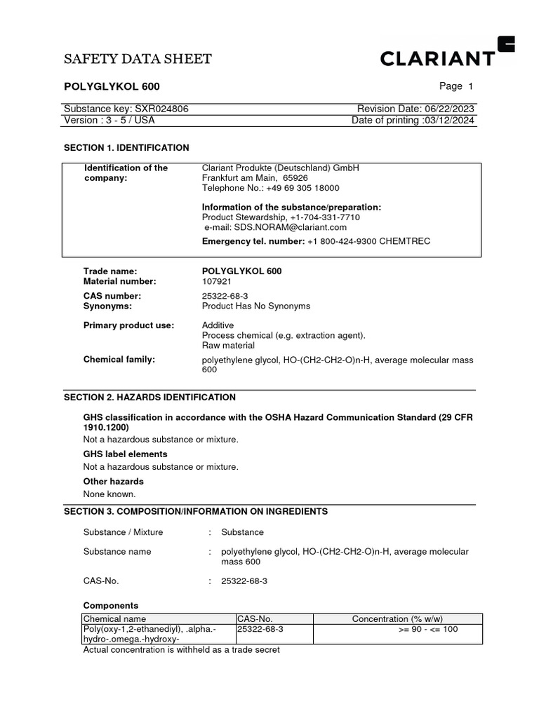 Clariant SDS POLYGLYKOL 600 USA English | PDF | Toxicity | Waste