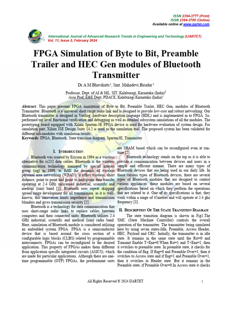 FPGA Simulation of Byte To Bit, Preamble Trailer and HEC Gen Modules of Bluetooth Transmitter ...