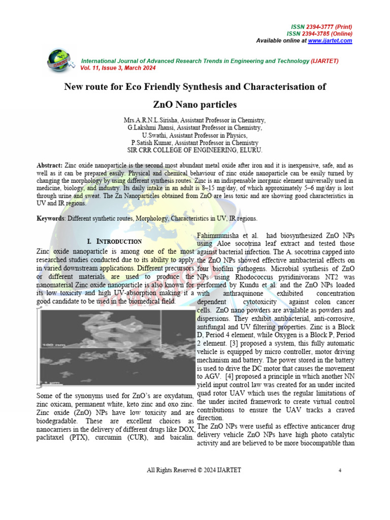 New Route For Eco Friendly Synthesis and Characterisation of ZnO Nano Particles | PDF | Zinc ...