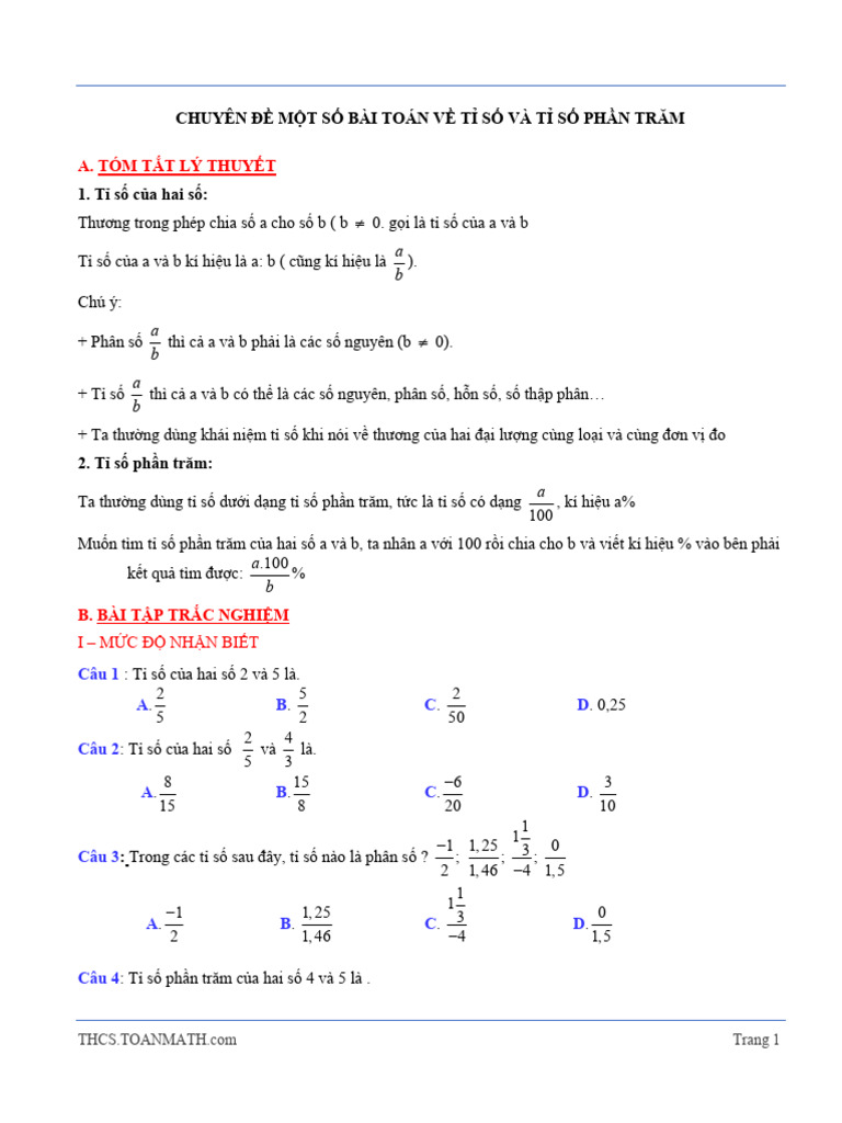Tom Tat Ly Thuyet Va Bai Tap Trac Nghiem Ti So Va Ti So Phan Tram | PDF