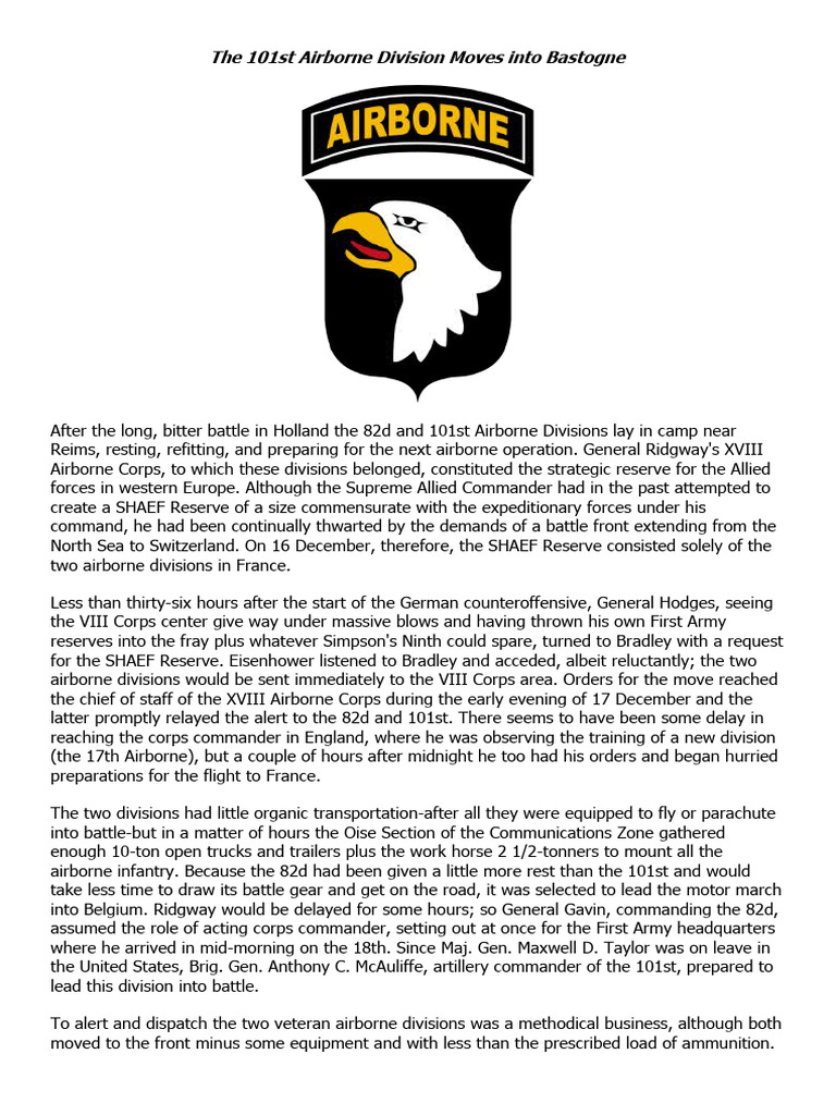 The 101st Airborne Division Moves Into Bastogne | PDF | 101st Airborne ...