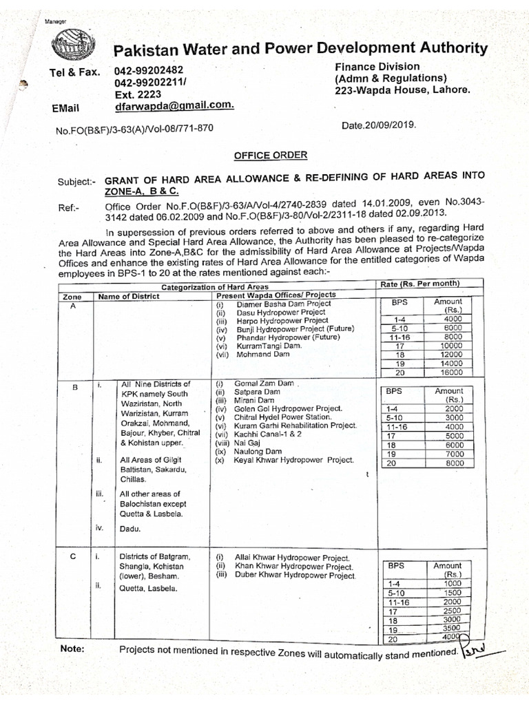 Hard Area Allowance O.O WAPDA | PDF