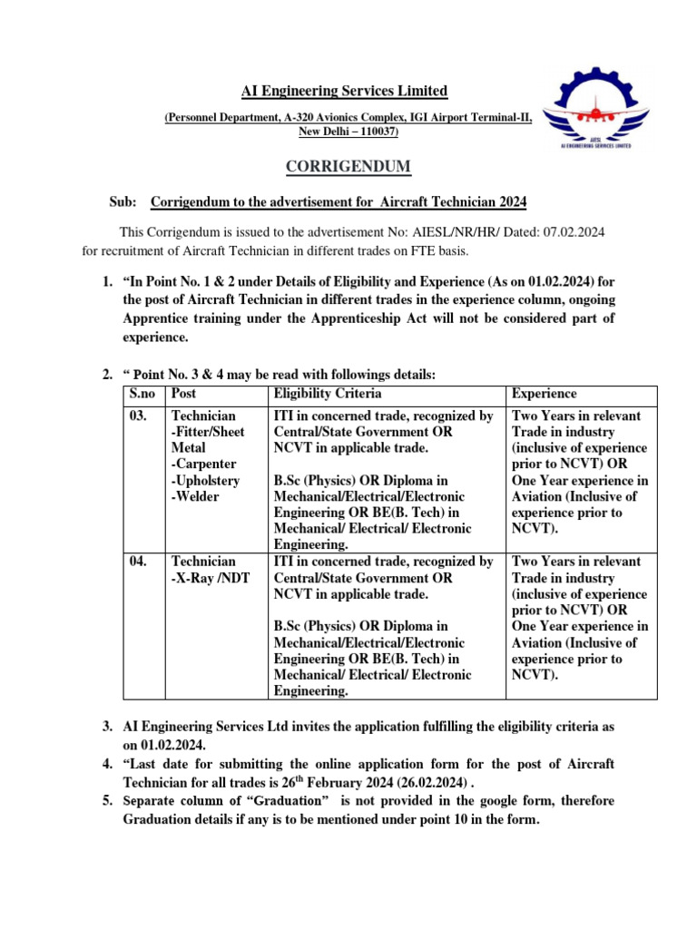 Corrigendum-Aircraft Technician 2024 | PDF | Engineering