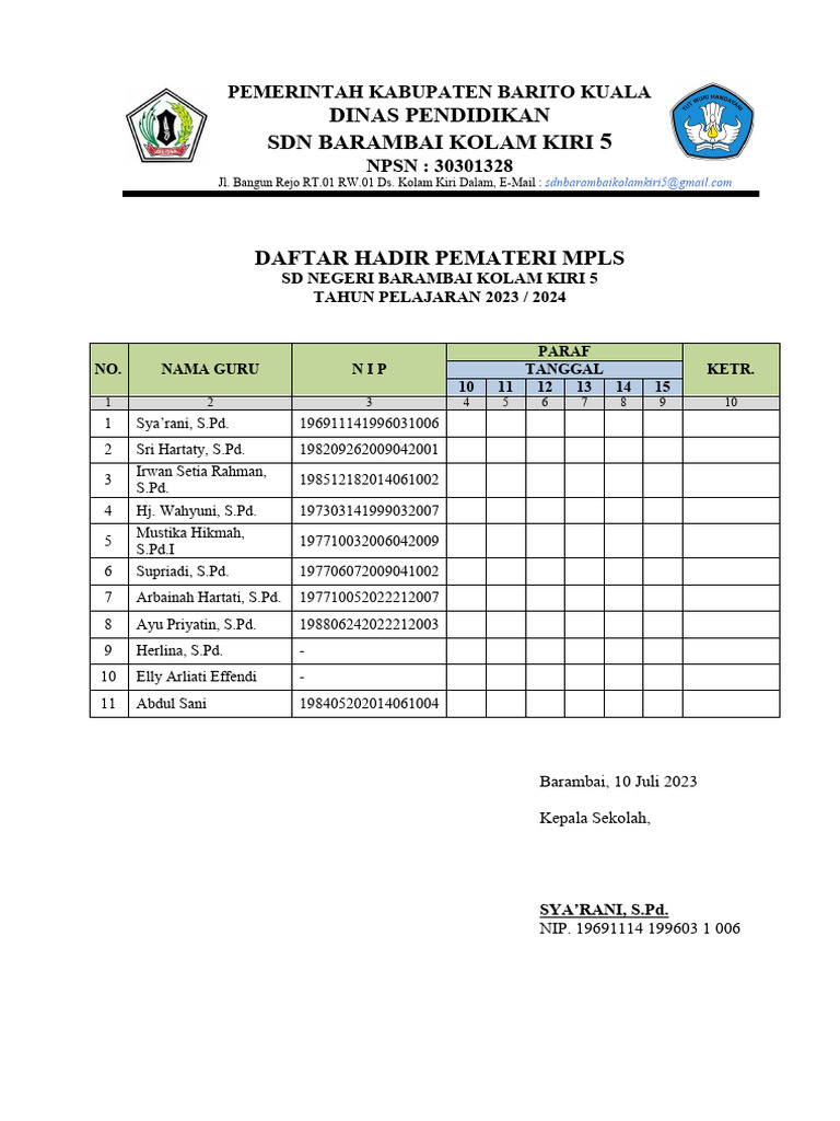 Daftar Hadir Pemateri Mpls Tp 2023 2024 Sdn Bkk 5 Pdf