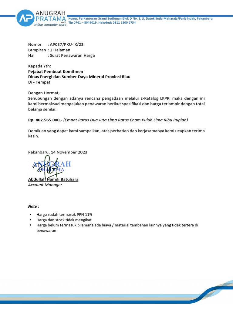 Surat Penawaran Dinas ESDM Provinsi Riau | PDF | Komputer