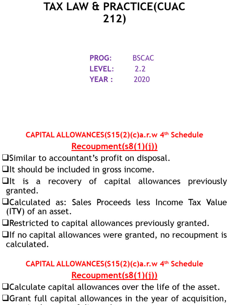 Capital Allowances Lecture Summary (Third) 2020 | PDF | Taxes | Income