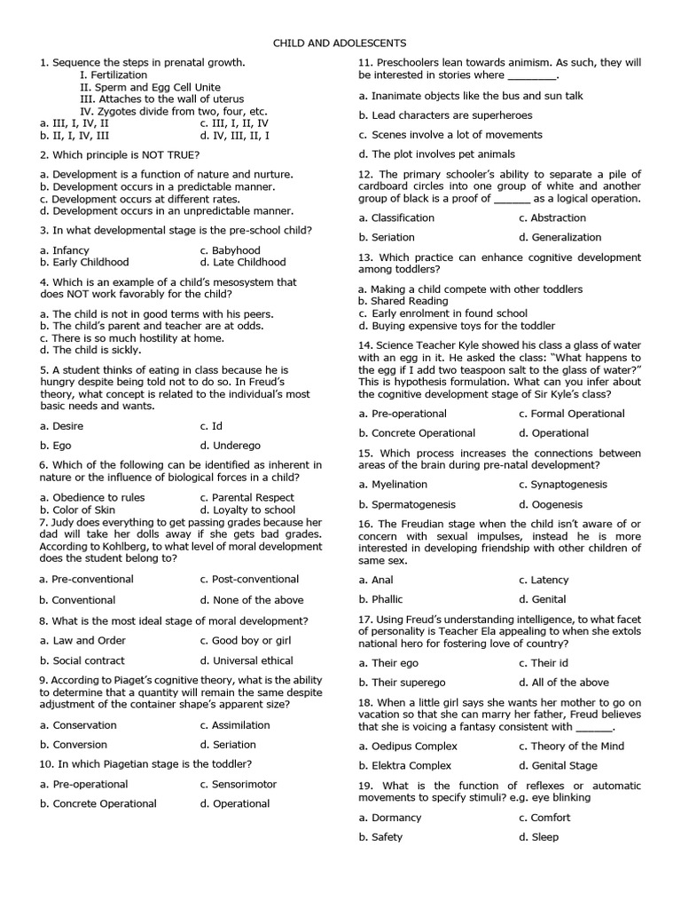 CHILD AND ADOLESCENTS Test | PDF | Puberty | Id