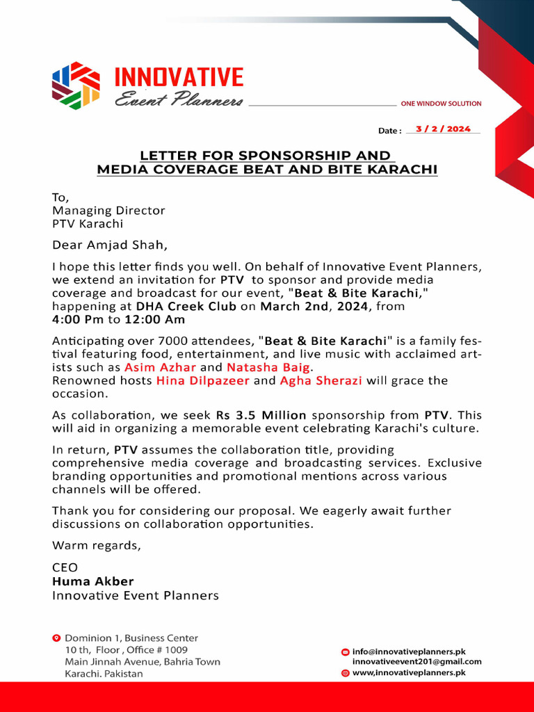 PTV Sponsorship & Media Coverage Request Letter - Beat & Bite | PDF