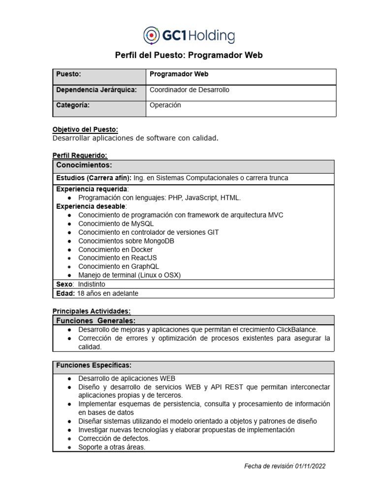 Perfil de Puesto ClickBalance - Programador Web | PDF