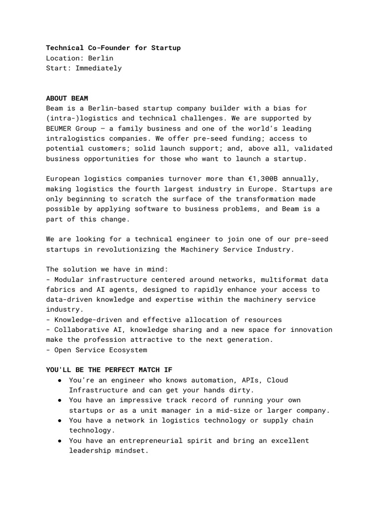 Technical Co-Founder for Logistics Startup | PDF | Startup Company ...