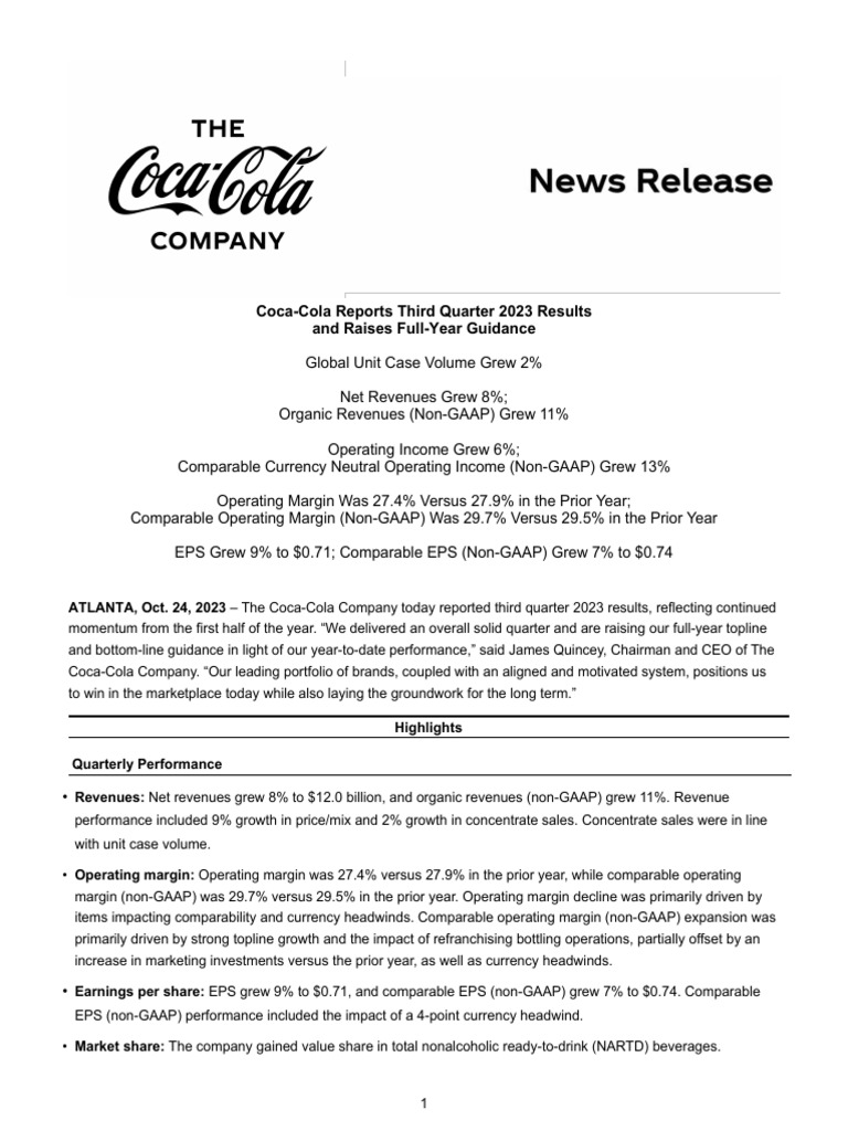 Coca-Cola Third Quarter 2023 Full Earnings Release 10.24.23 FINAL | PDF ...