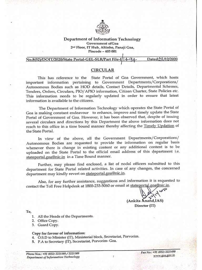 Circular Regarding Goa State Portal | PDF