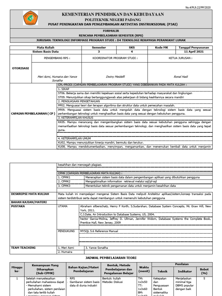 RPS Sistem Basis Data TRPL | PDF