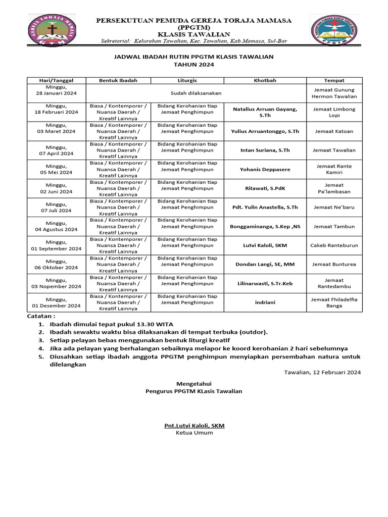 Jadwal Ibadah PPGTM Tawalian 2024 | PDF