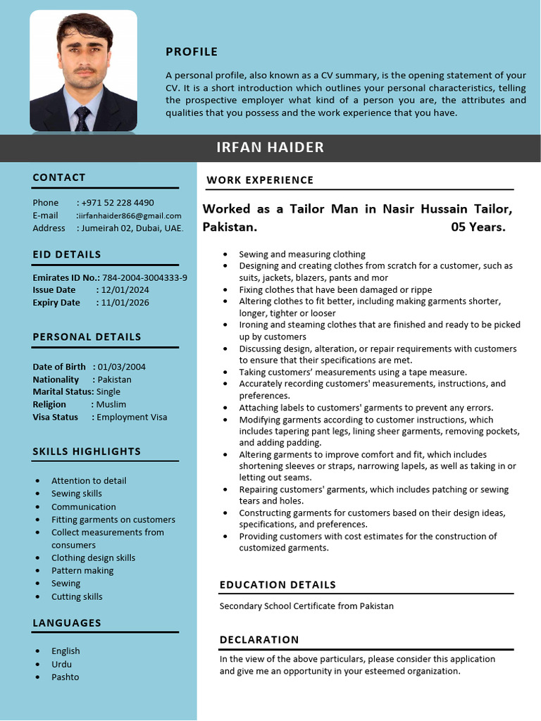 Irfan Haider - Tailor Cv | PDF | Clothing | Sewing