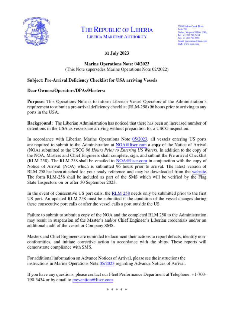 Republic of Liberia Marine Operations Note - 04 2023 Pre Arrival ...