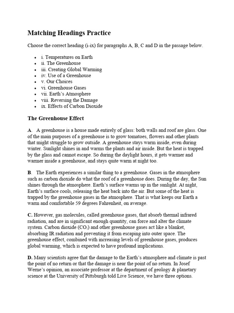 Matching Headings Practice | PDF | Greenhouse Effect | Atmosphere Of Earth