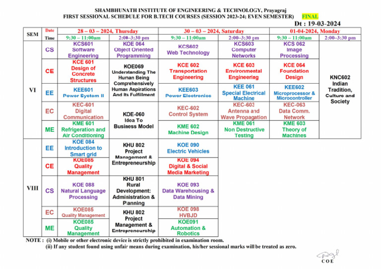 Final - Schedule - 1st Sessional 23-24 - Even Sem 2024 | PDF