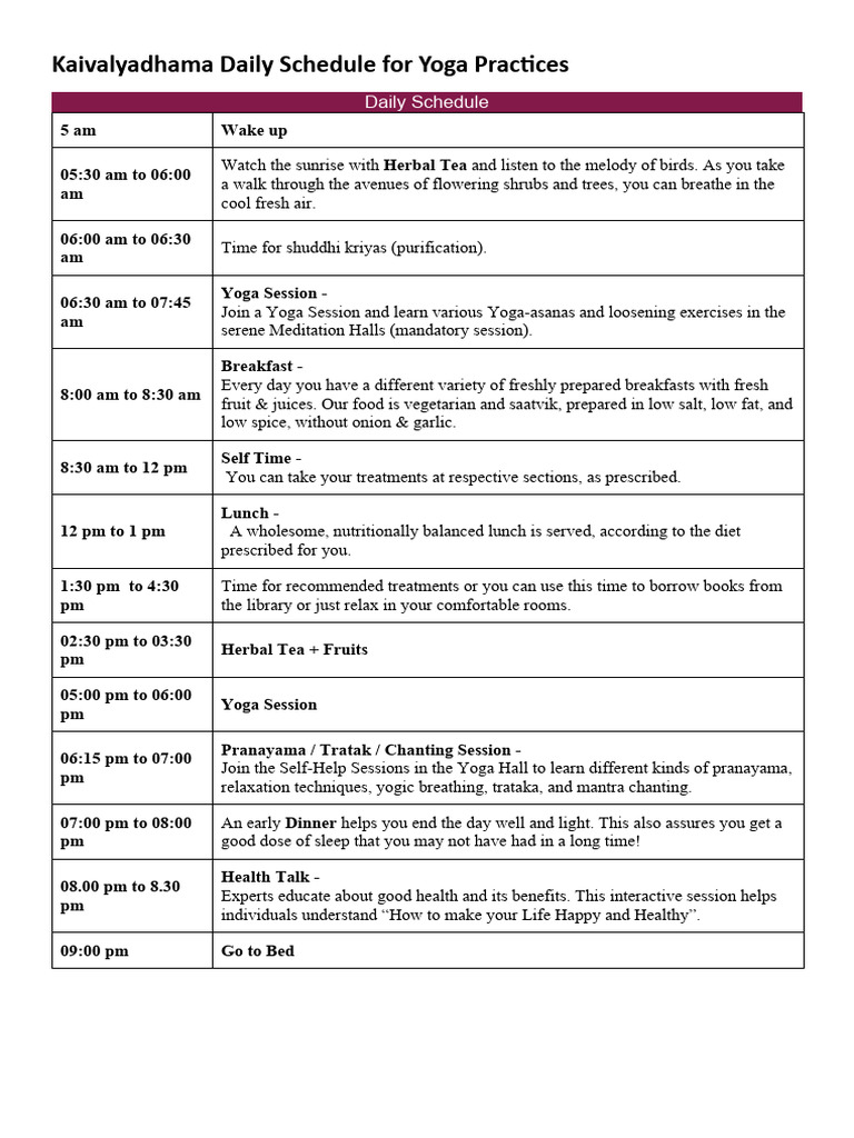 Kaivalyadhama Daily Schedule for Yoga Practices | PDF