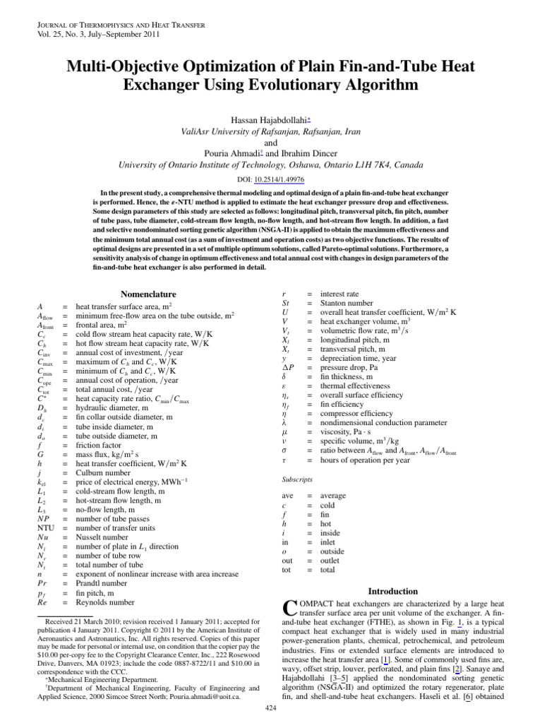 Multi-Objective Optimization of Plain Fin-and-Tube Heat Exchanger Using Evolutionary Algorithm ...