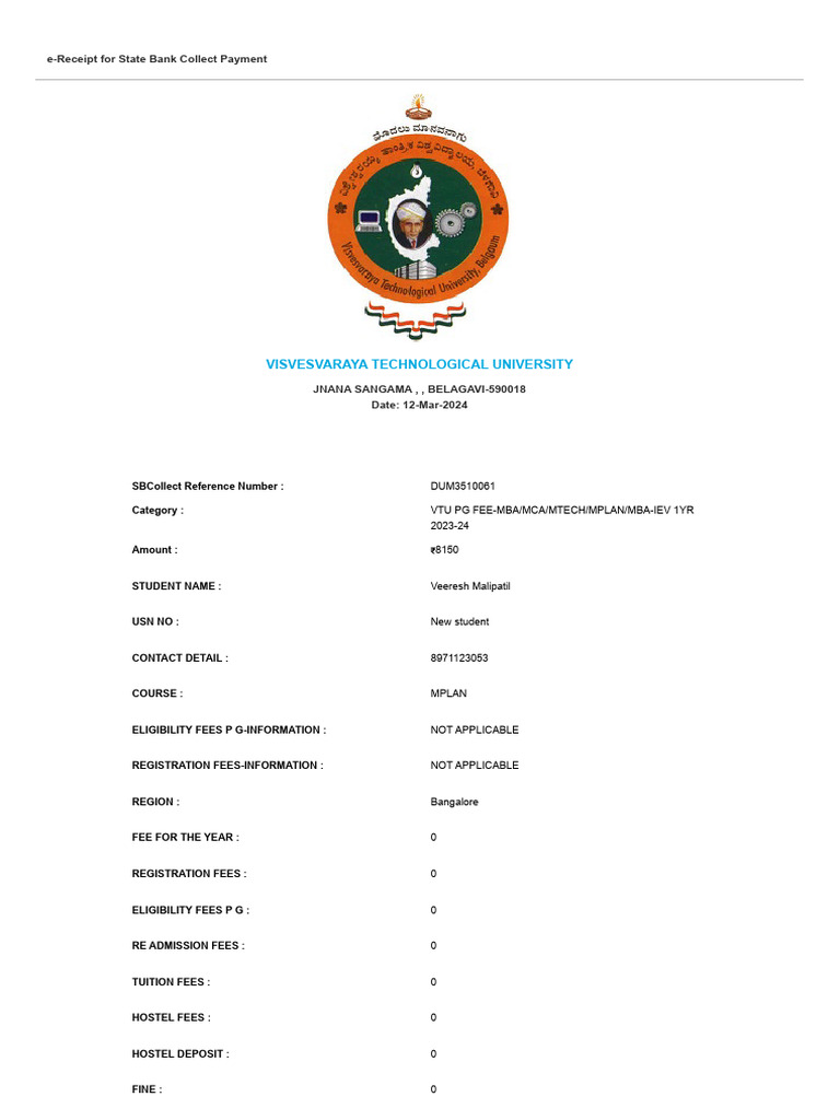 Veeresh Uni Fee | PDF | Fee | Payments