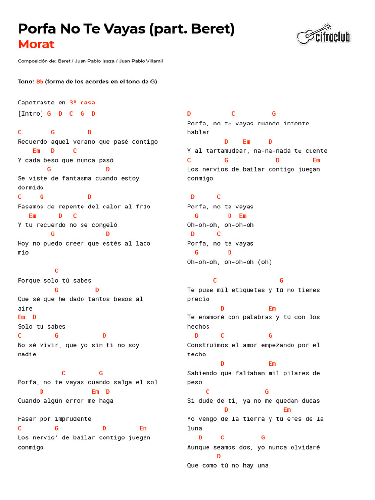 Cifra Club - Morat - Porfa No Te Vayas (Part. Beret) | PDF