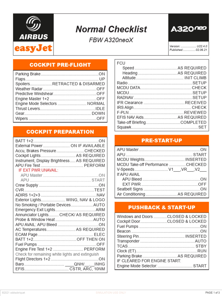 A20NX Checklist EasyJet | PDF | Landing Gear | Takeoff