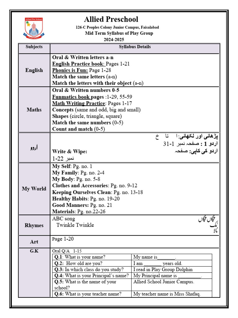 Allied School Play Group Syllabus 2024 | PDF