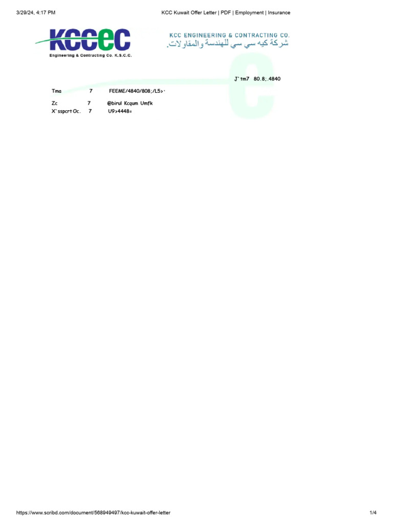 KCC Kuwait Offer Letter - PDF - Employment - Insurance | PDF