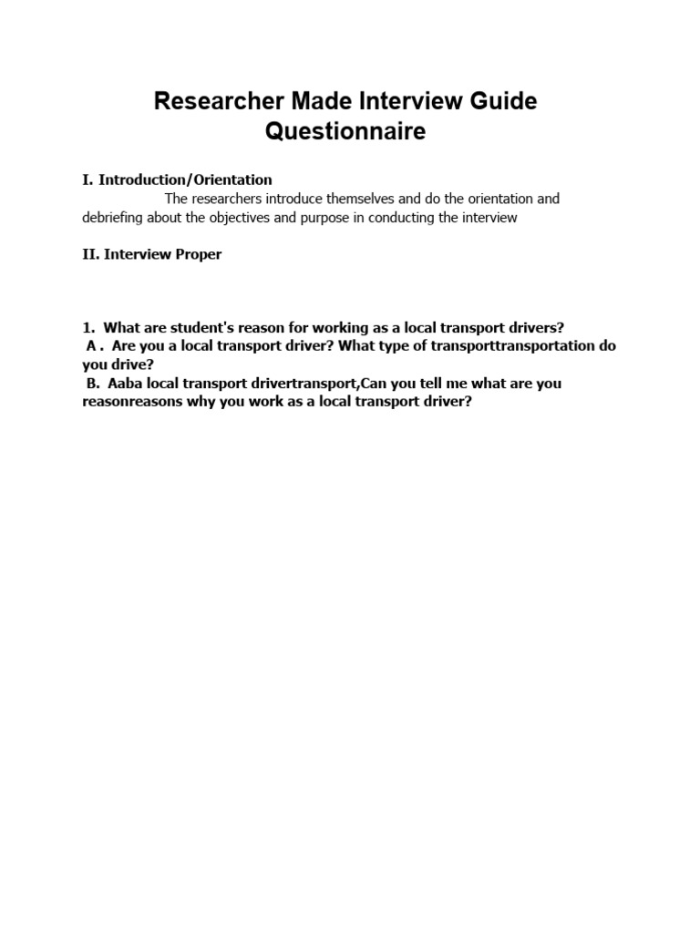 Interview Questionaire (Transport Drivers) | PDF
